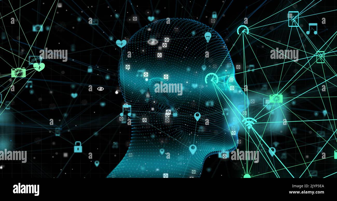 Image of human head spinning with digital interface connections ...