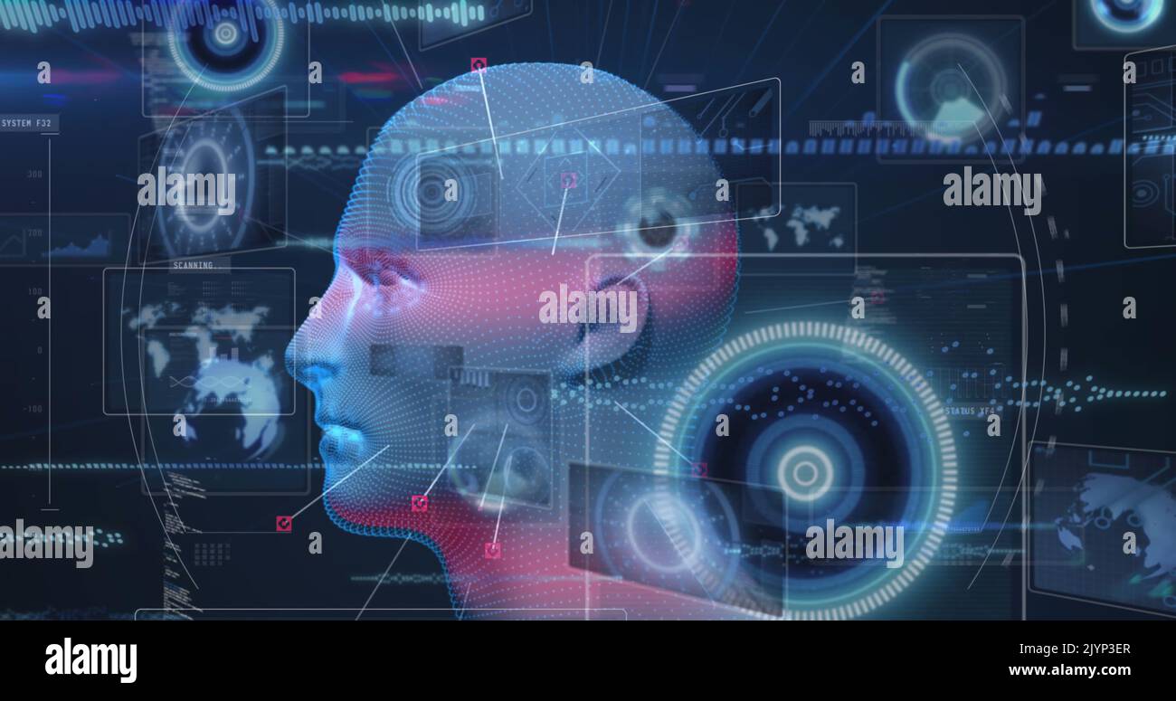 Image of spinning model of human head and data processing on interface ...