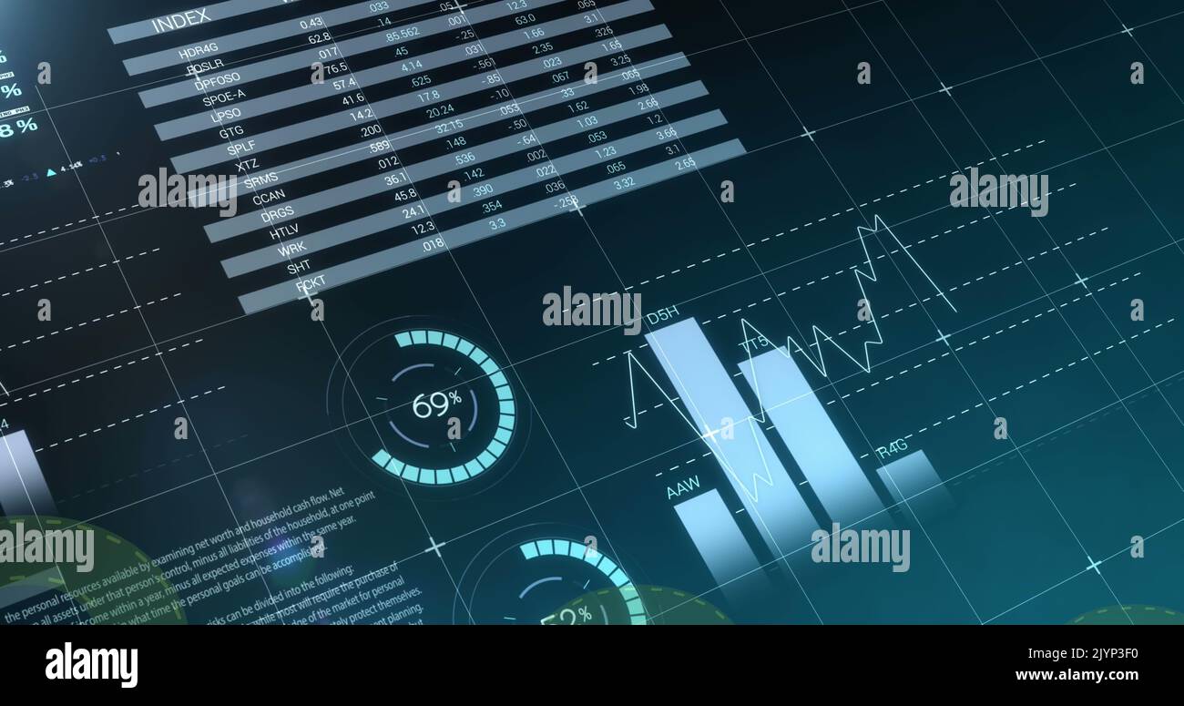Image of green question marks flying over statistics recording on blue ...