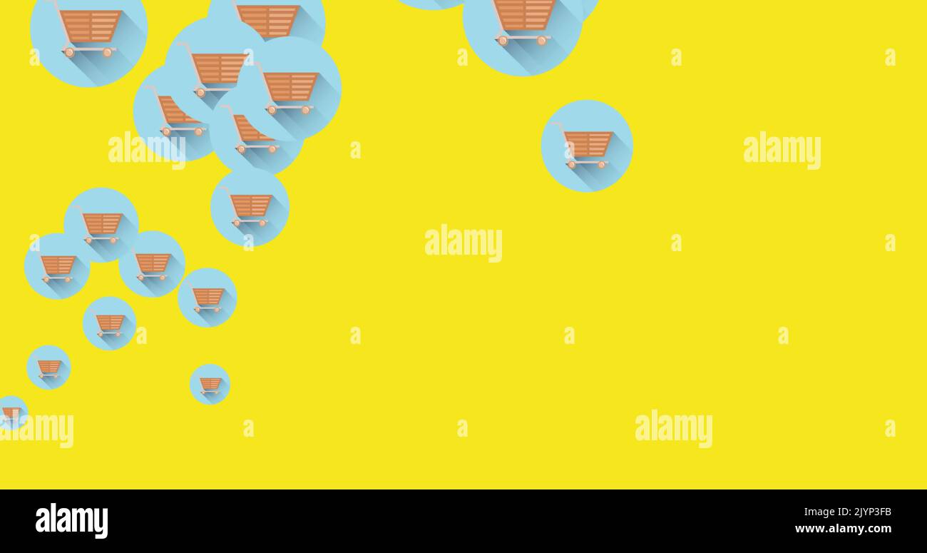 Digital image of shopping cart icons floating against yellow background ...