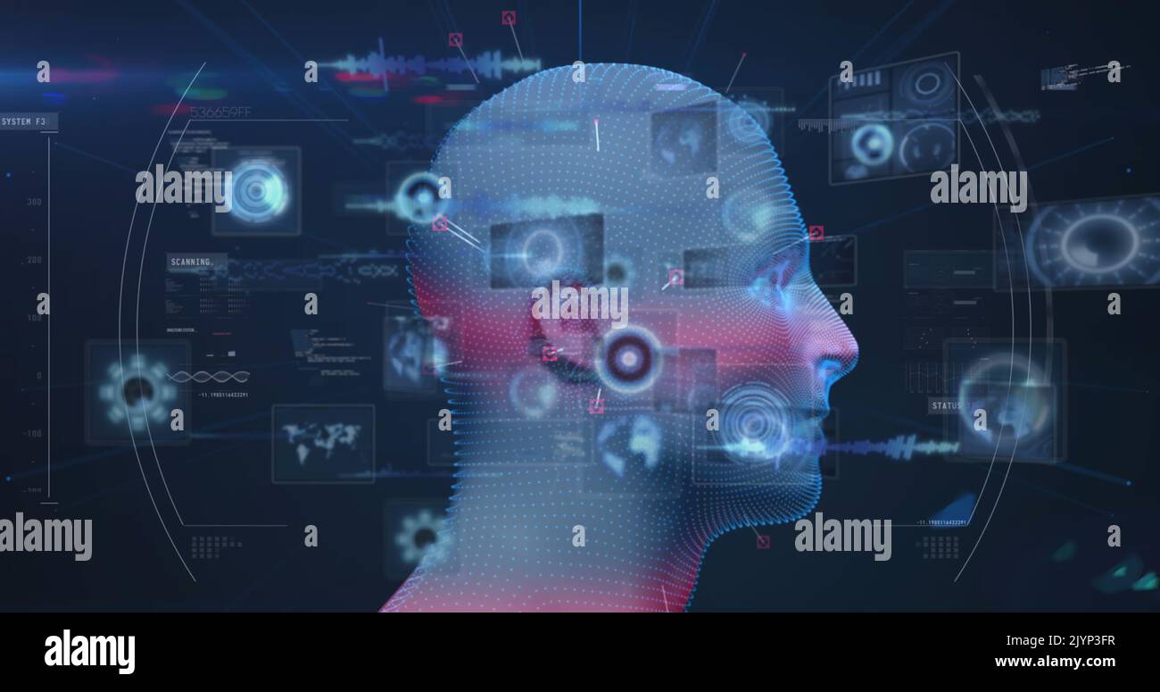 Image of spinning model of human head and data processing on interface ...