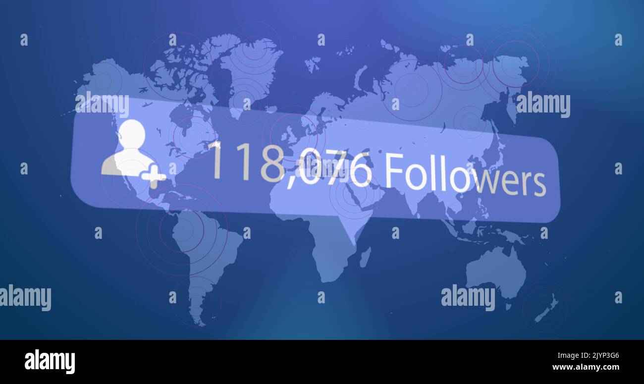 Profile icon with increasing followers against pulsating circles over world map on blue ...