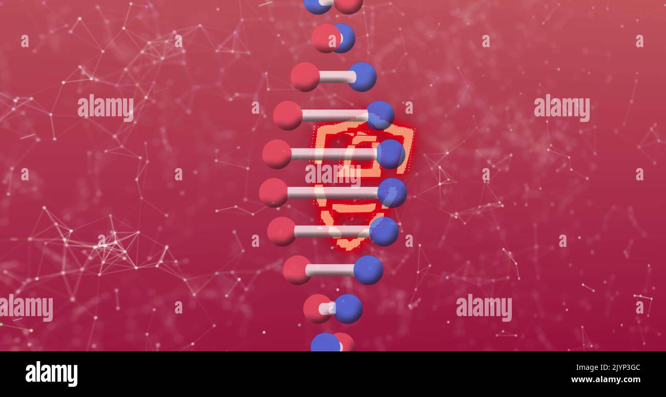 Image of rotating 3d dna strand, with orange padlock symbol over ...