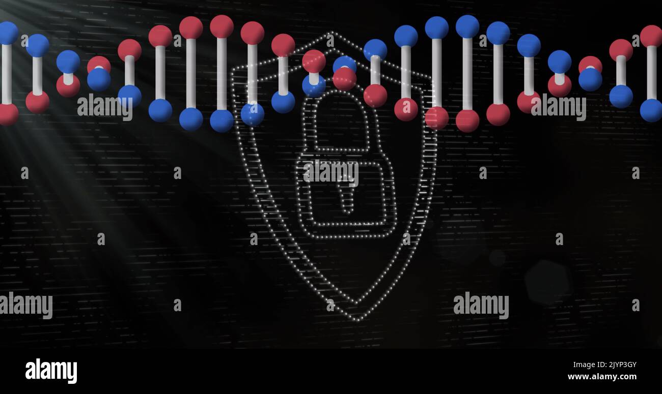 Image of rotating 3d dna strand, with white dot padlock symbol, on ...