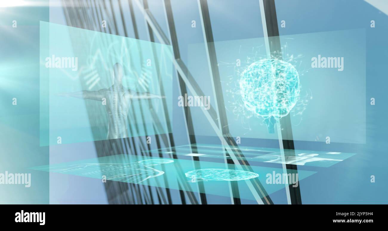 Image of medical data processing with human brain over modern building ...