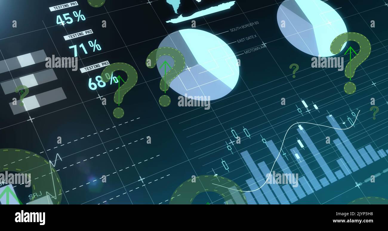 Image of green question marks flying over statistics recording on blue ...