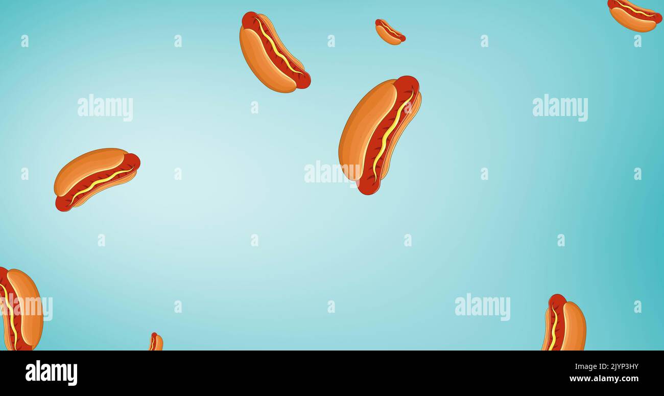 Image of multiple hot dogs floating on blue background Stock Photo - Alamy