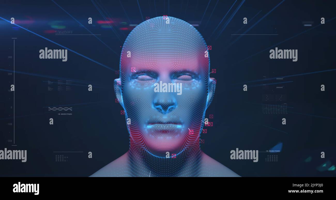 Image of spinning model of human head and data processing on interface ...