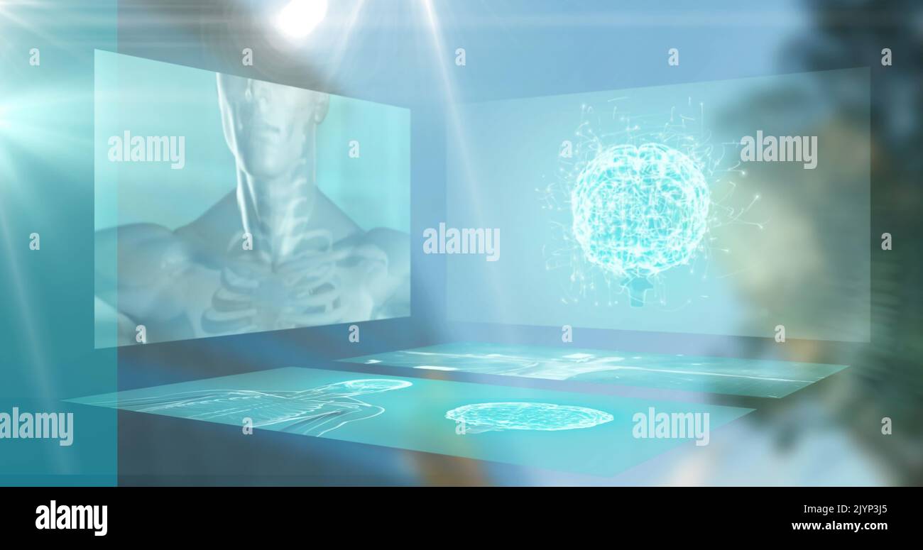 Image of human brain and body with medical data processing on screens ...