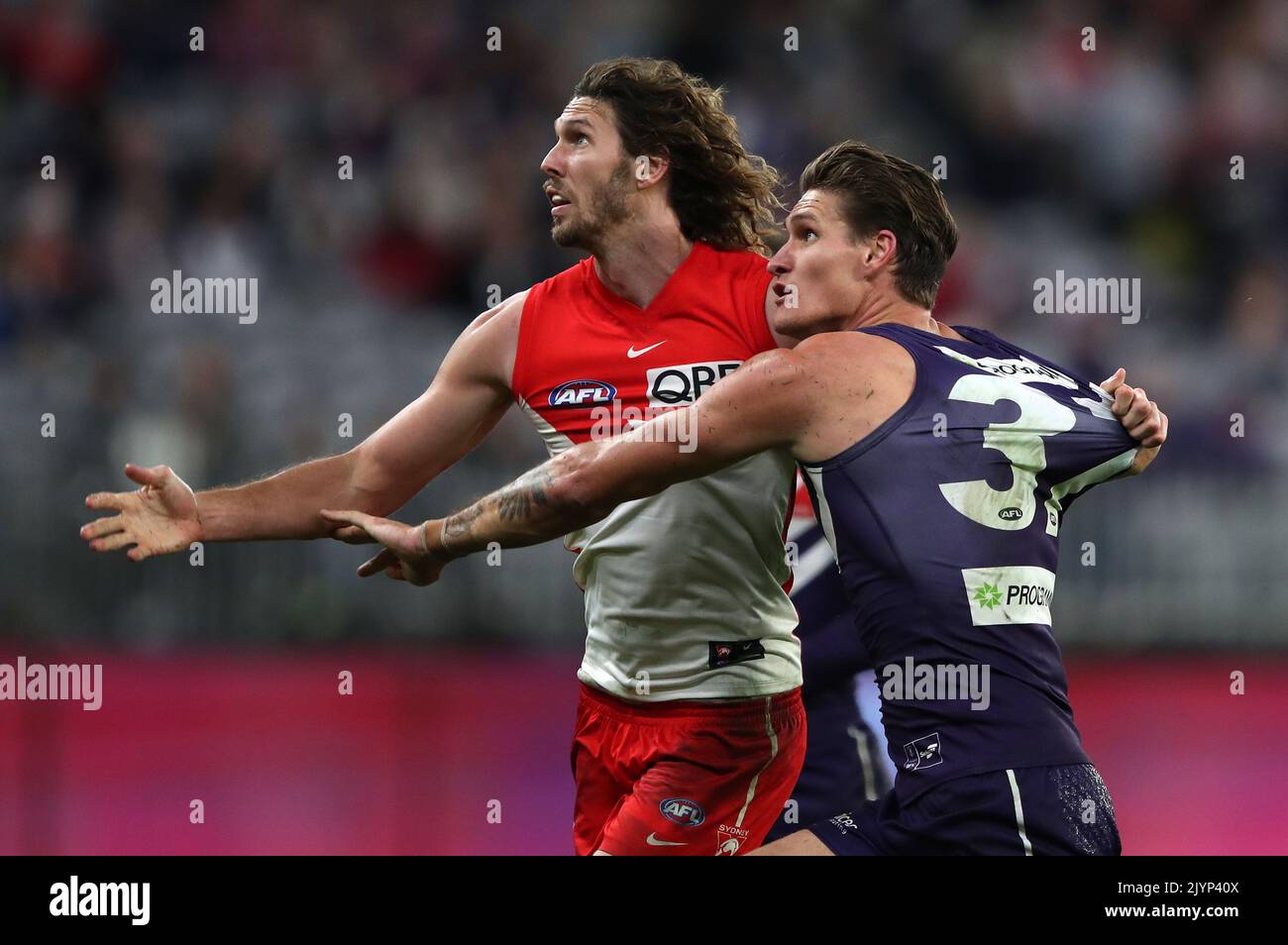 Tom Hickey of the Swans and Rory Lobb of the Dockers battle during the ...