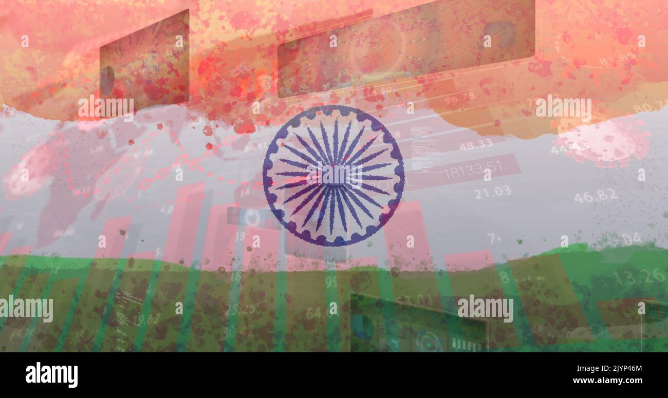 Composition of covid 19 cells and statistics over indian flag Stock ...
