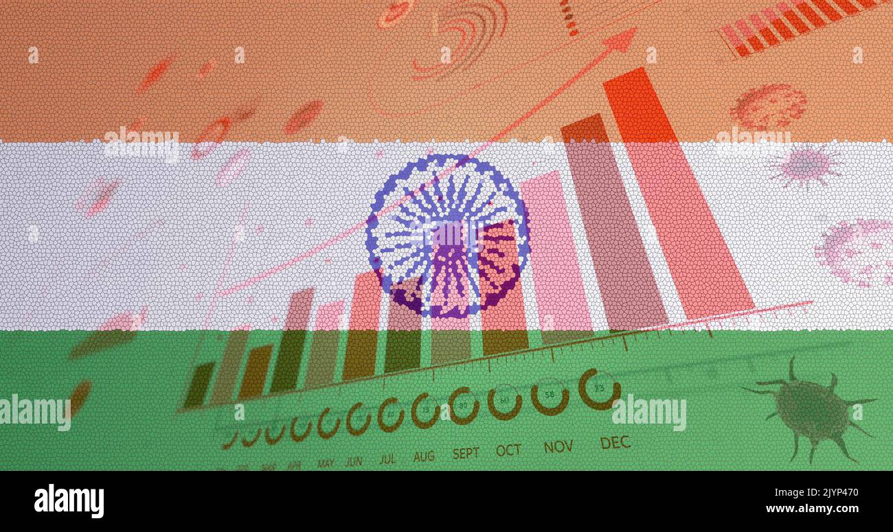 Composition of covid 19 cells and statistics over indian flag Stock ...