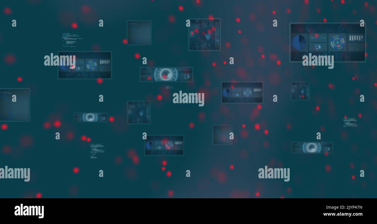 Image of dna strand spinning over scopes and data processing on screens ...