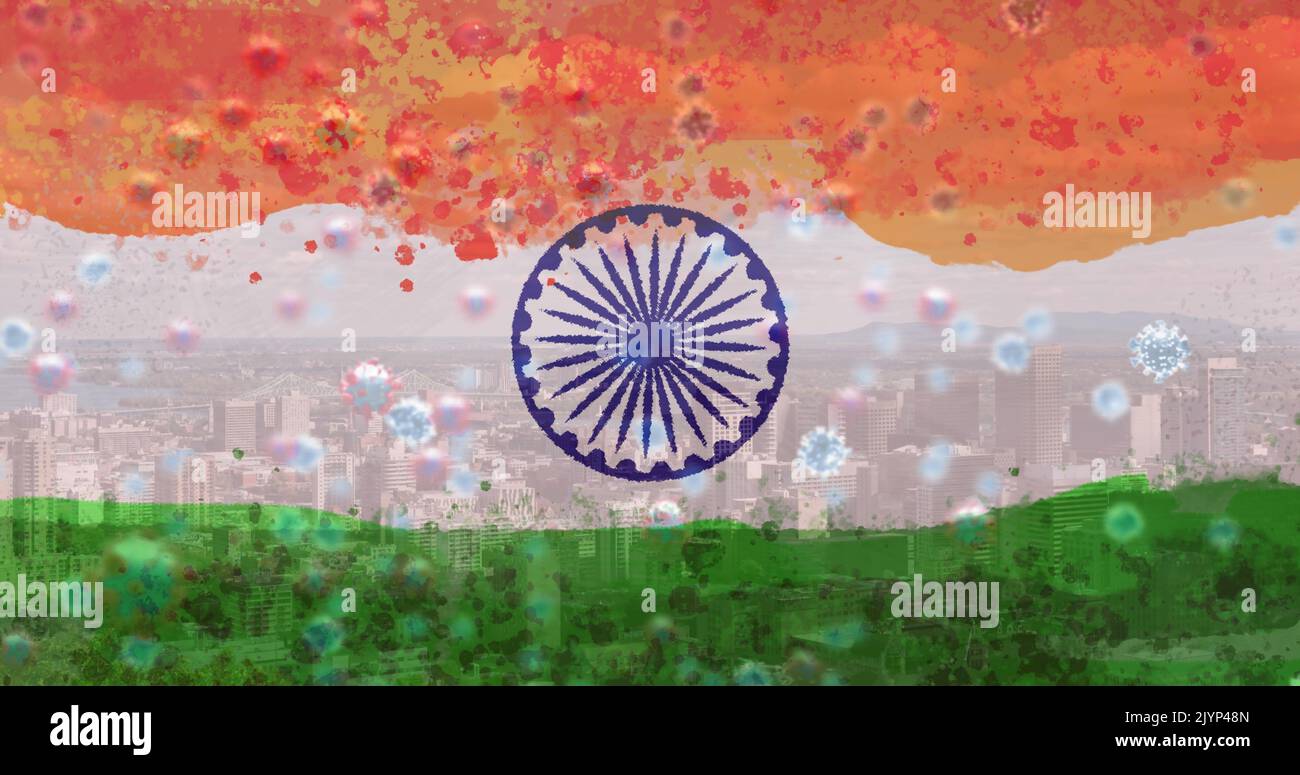 Composition of covid 19 cells over indian flag Stock Photo - Alamy