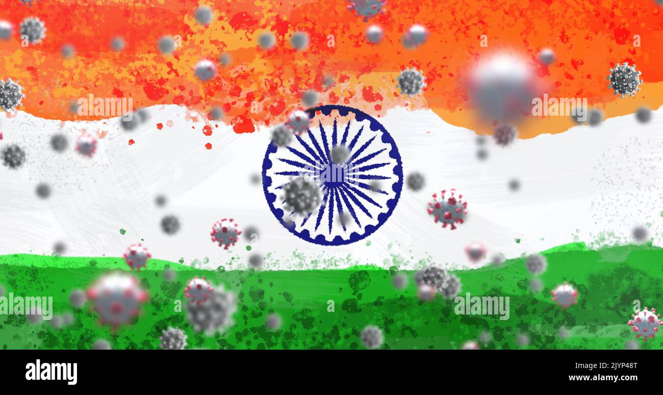 Composition of covid 19 cells over indian flag Stock Photo - Alamy