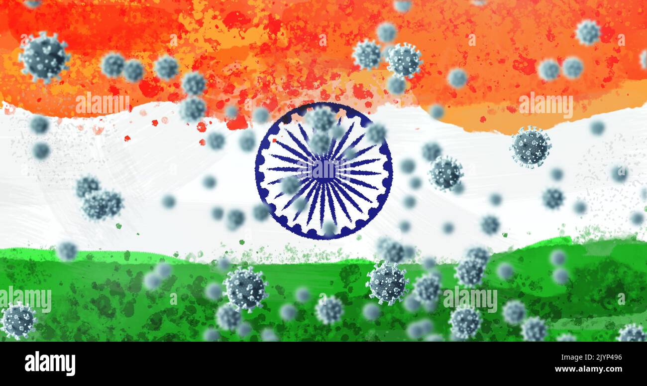 Composition of covid 19 cells over indian flag Stock Photo - Alamy
