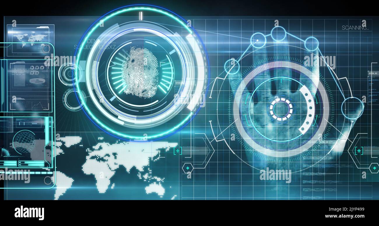 Image of scopes scanning, biometric fingerprint and medical data processing over digital screen ...