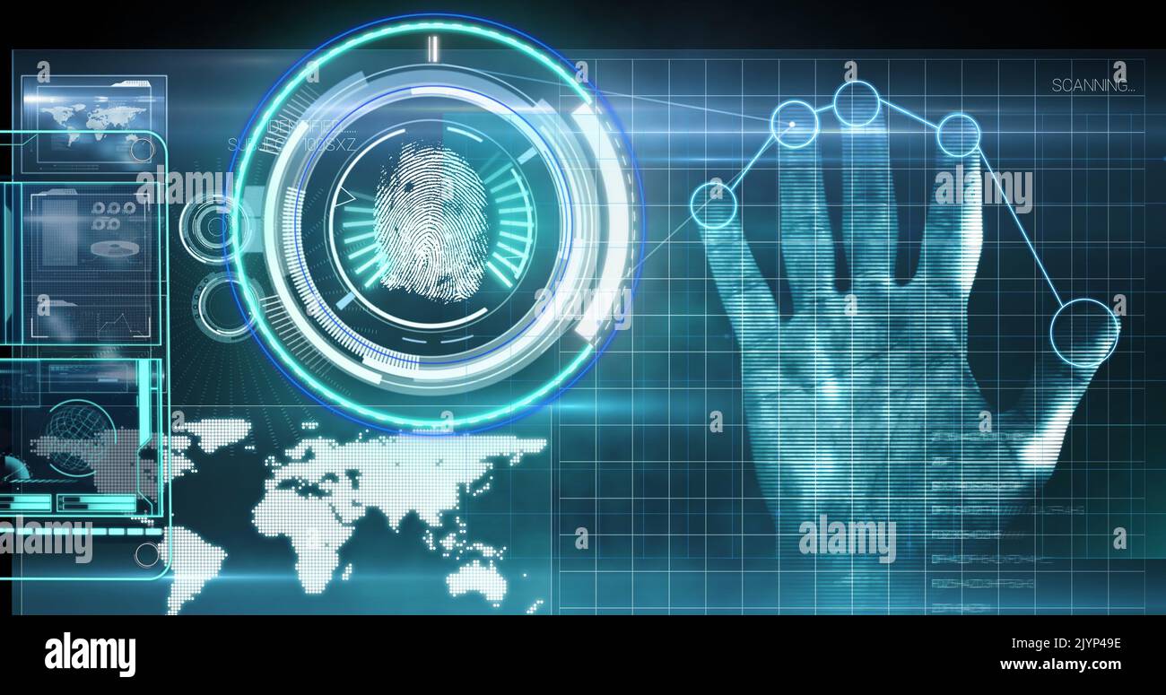 Image of scopes scanning, biometric fingerprint and medical data processing over digital screen ...