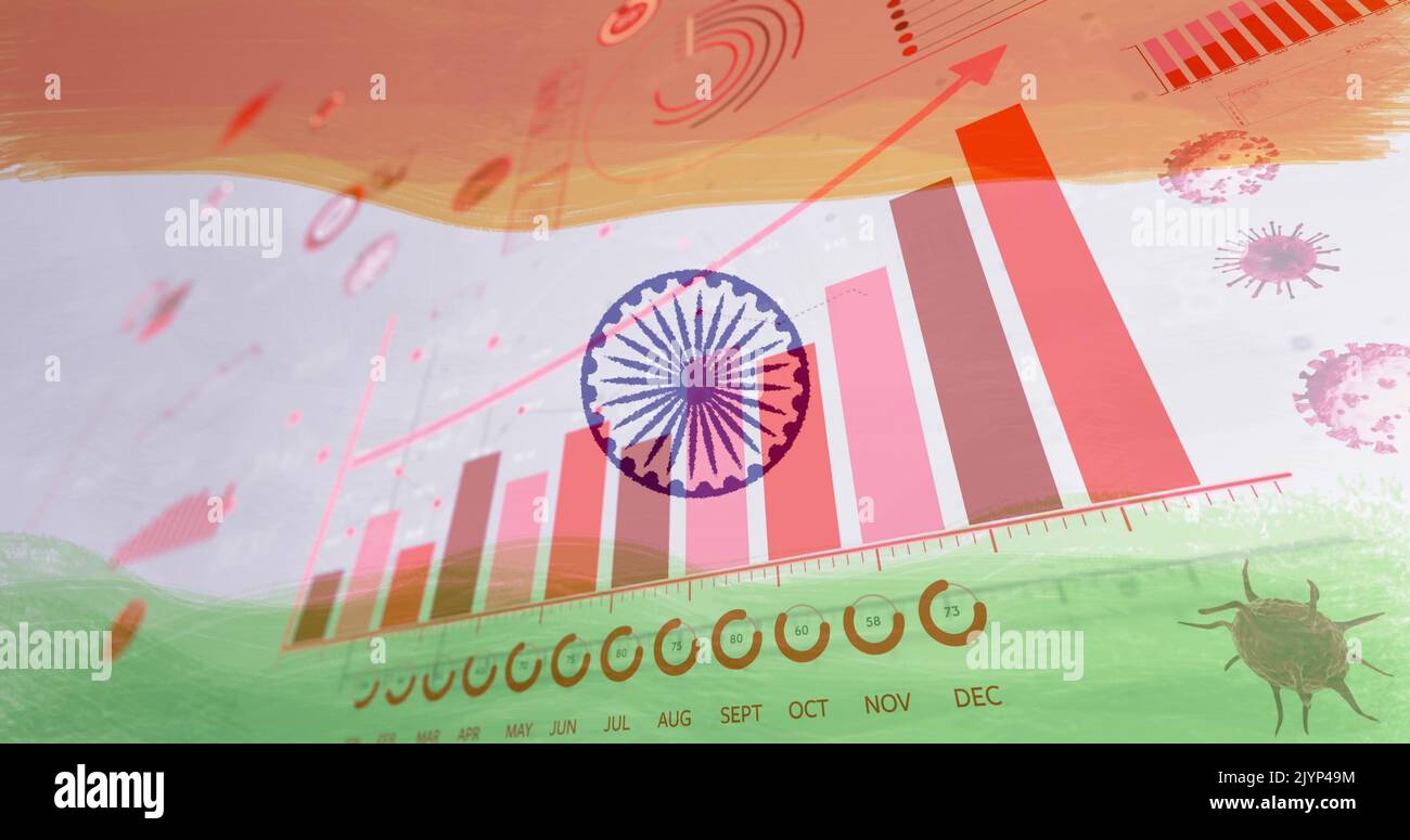 Composition of covid 19 cells and statistics over indian flag Stock ...