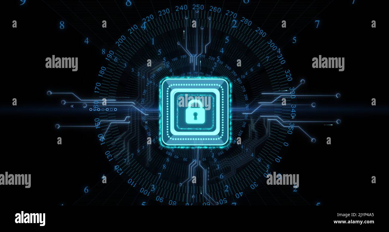 Image of digital data processing and security padlock over black ...