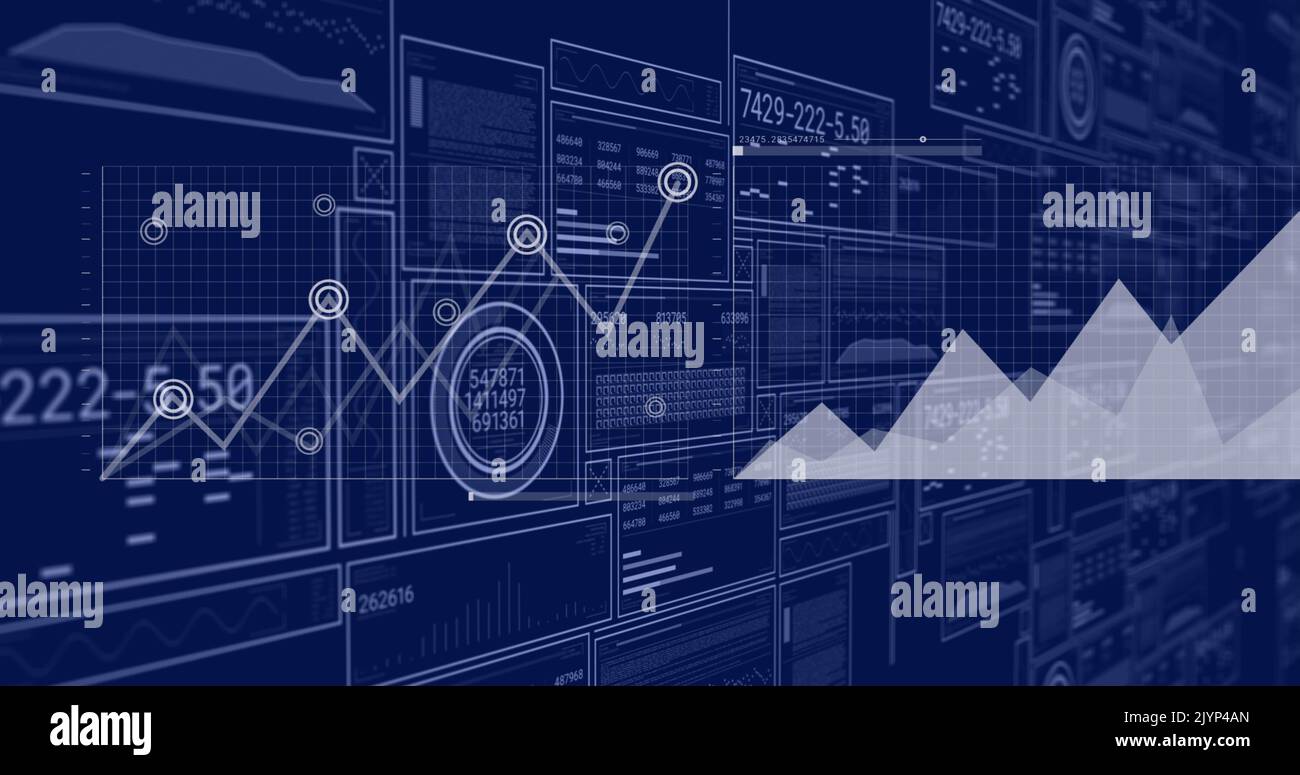 Image of digital data processing over dark blue background Stock Photo ...