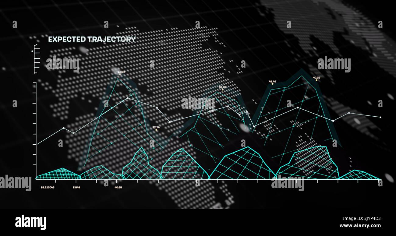 Image of digital data processing and world map over clack background ...