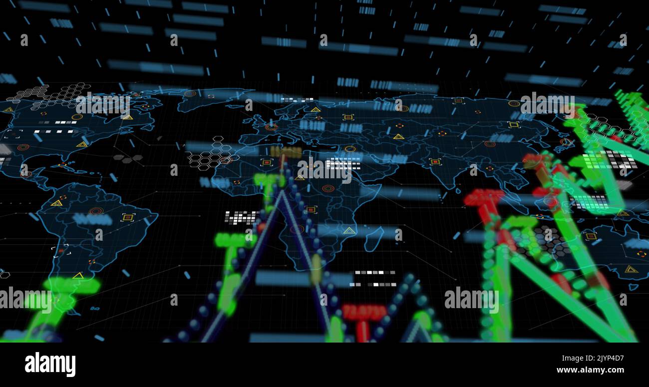Image of digital data processing and world map over clack background Stock Photo - Alamy