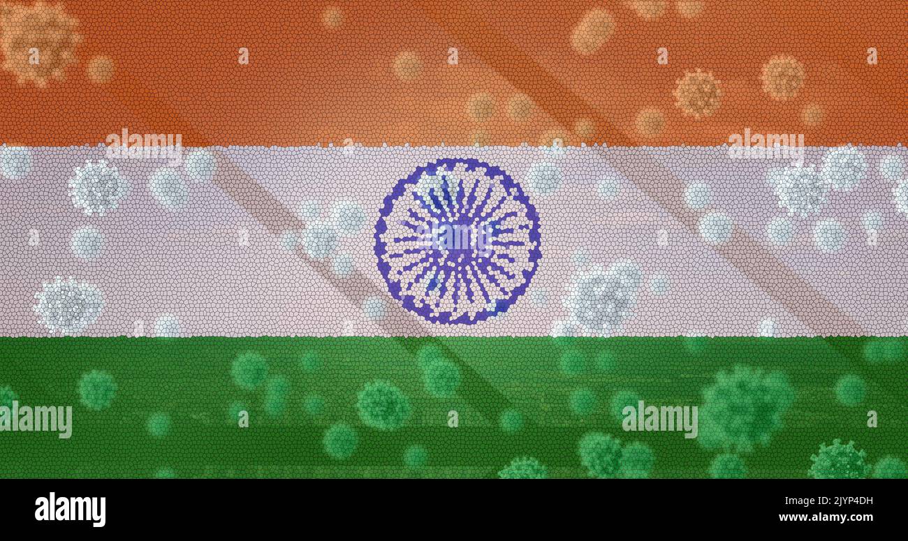 Composition of covid 19 cells over indian flag Stock Photo - Alamy