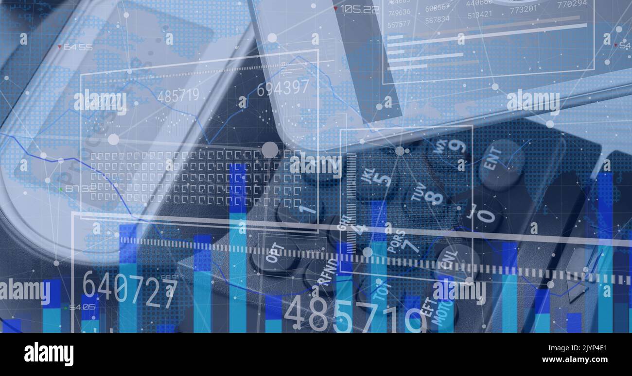 Image of financial data, graphs processing on digital interface against credit card reader Stock ...