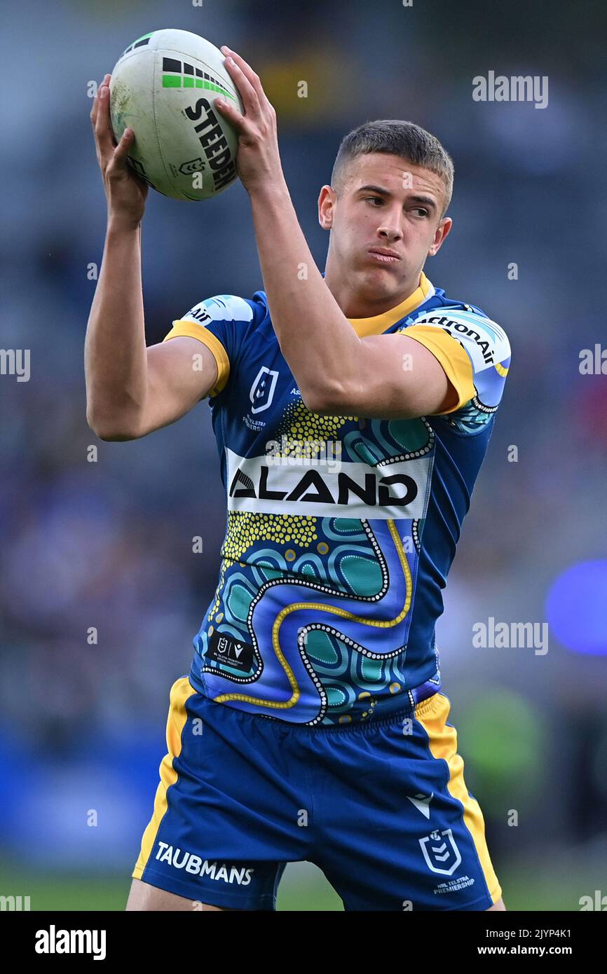 Jakob Arthur of the Eels arms up during the Round 11 NRL match between ...