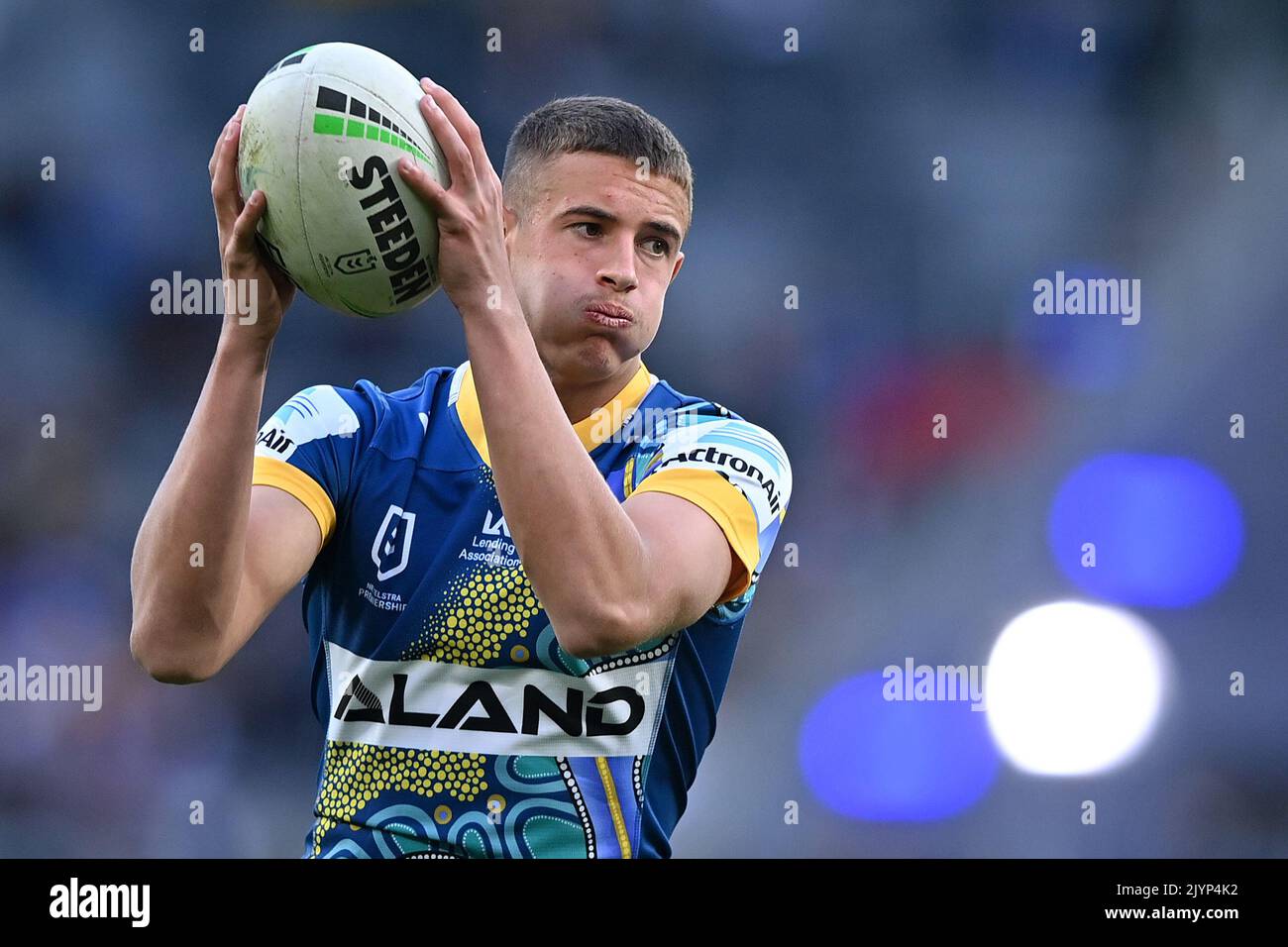 Jakob Arthur of the Eels arms up during the Round 11 NRL match between ...