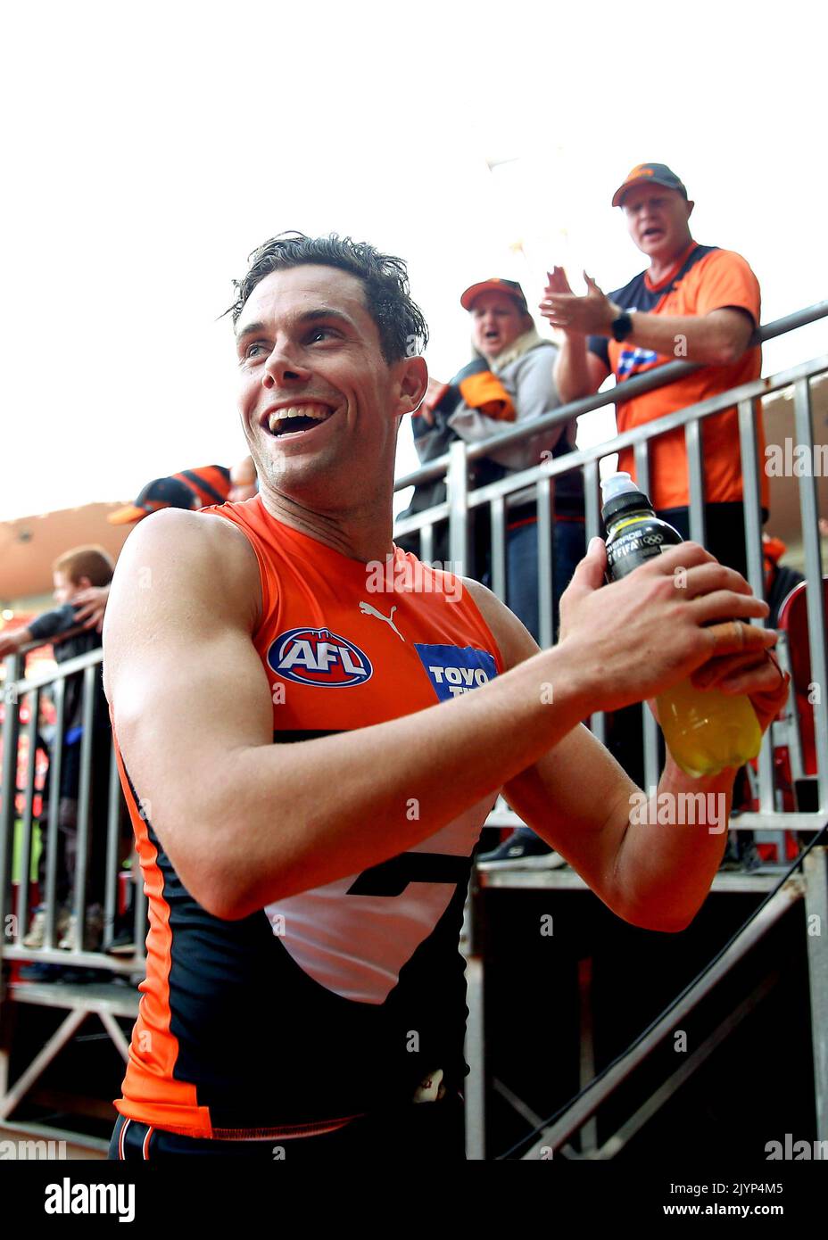Josh Kelly of the Giants celebrates at full time during to the Round 10 ...