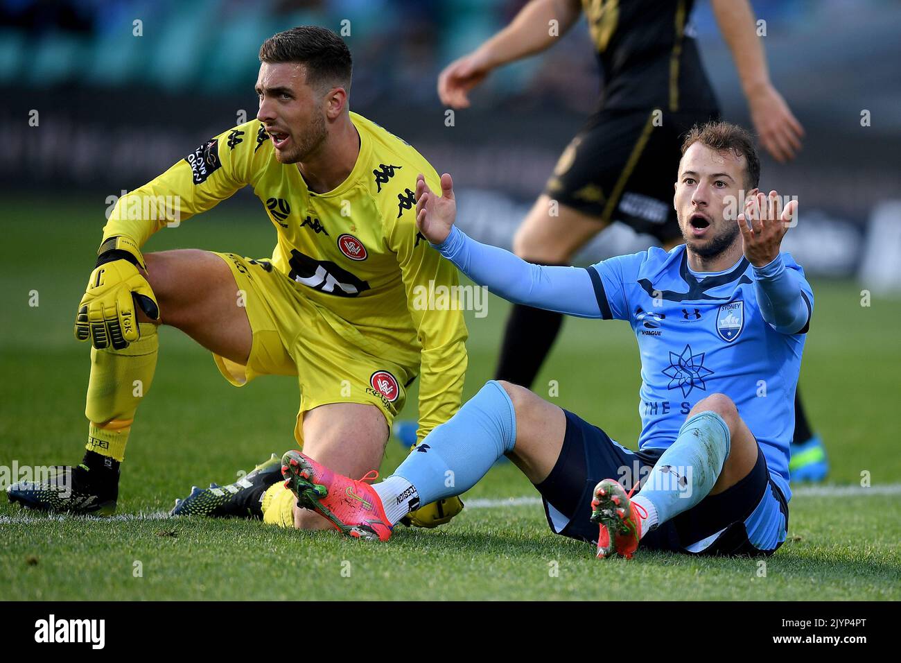 Adam Le Fondre of Sydney FC (right) gestures after clashing with Daniel Margush of the Wanderers ...