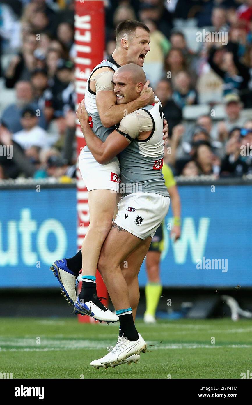 Robbie Gray of the Power celebrates a goal during the Round 10 AFL ...