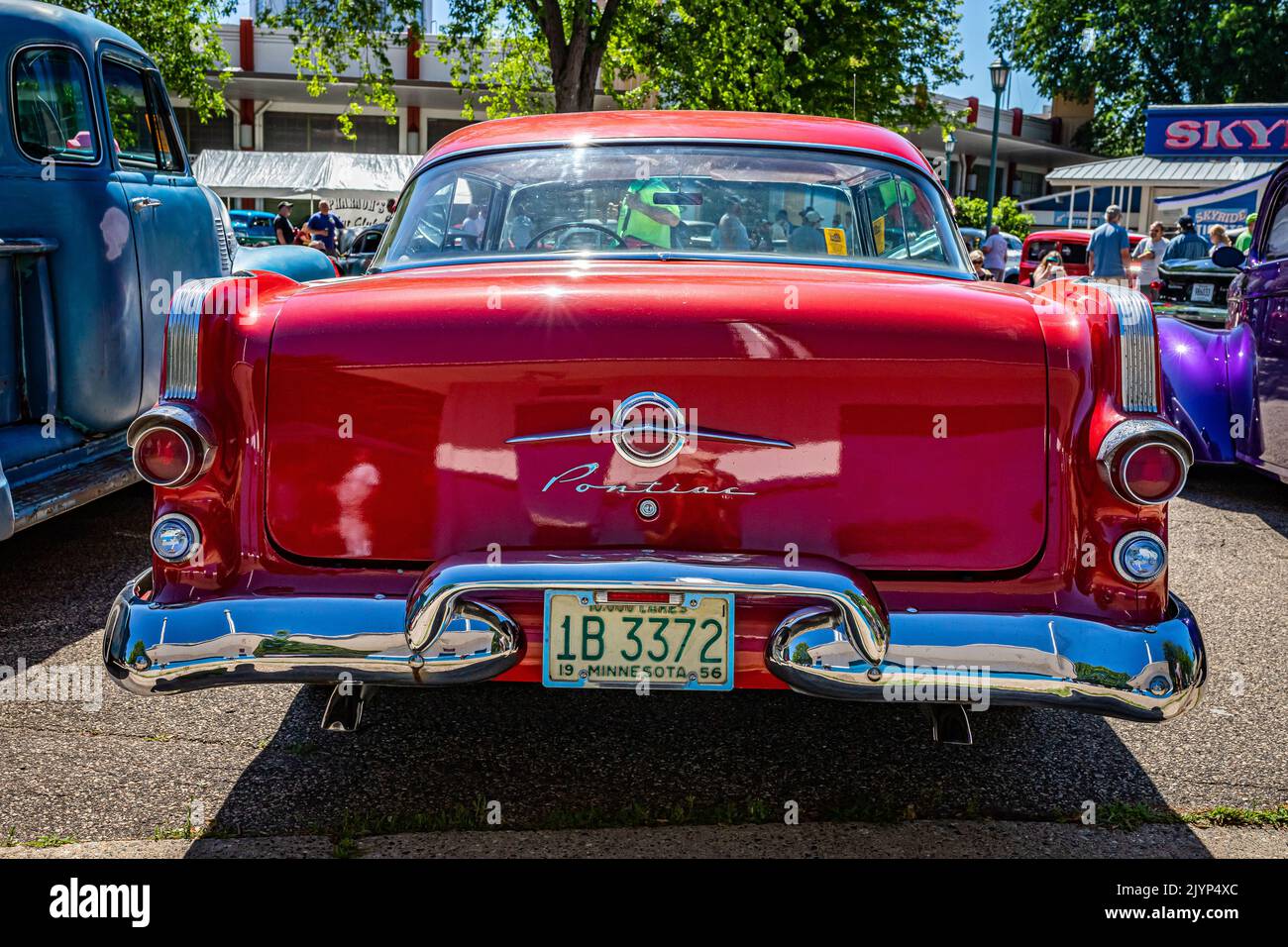Falcon Heights, MN - June 17, 2022: Low perspective rear view of a 1956 ...