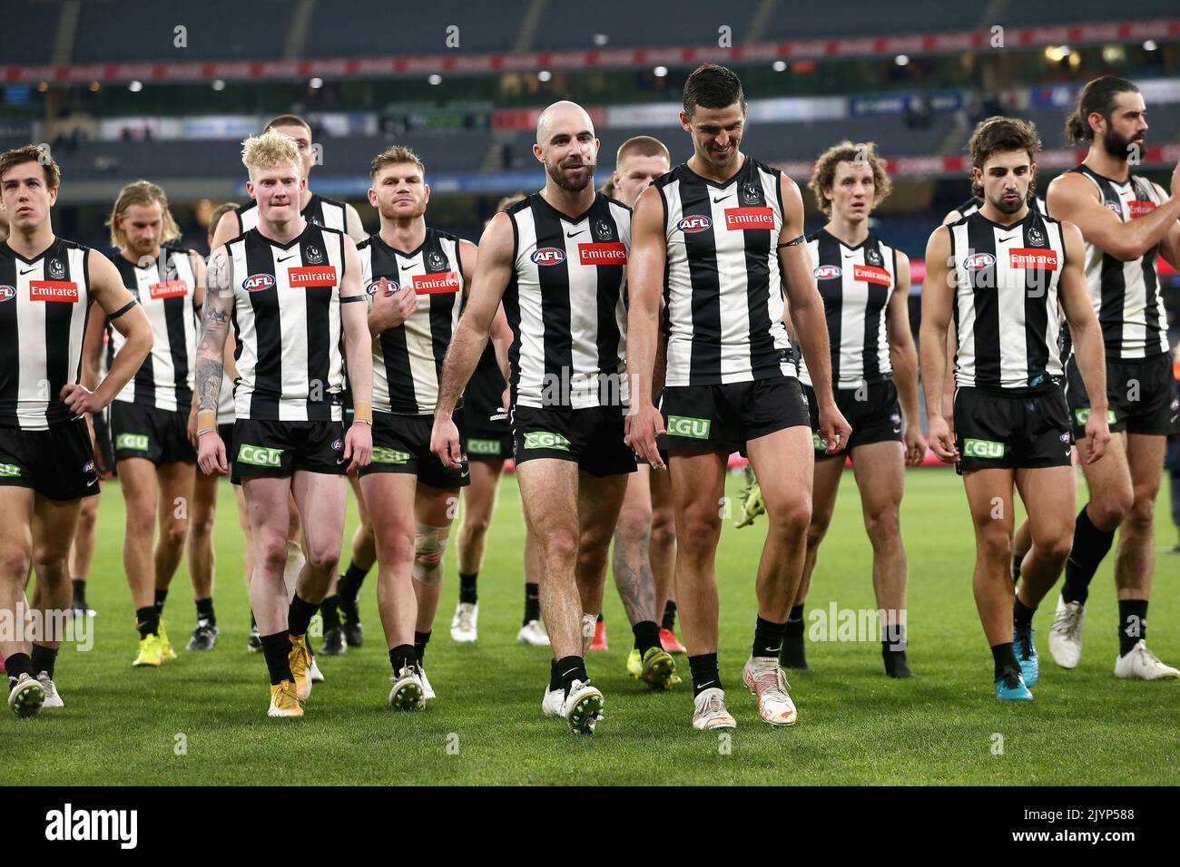 Collingwood players walk off during the Round 10 AFL match between the ...