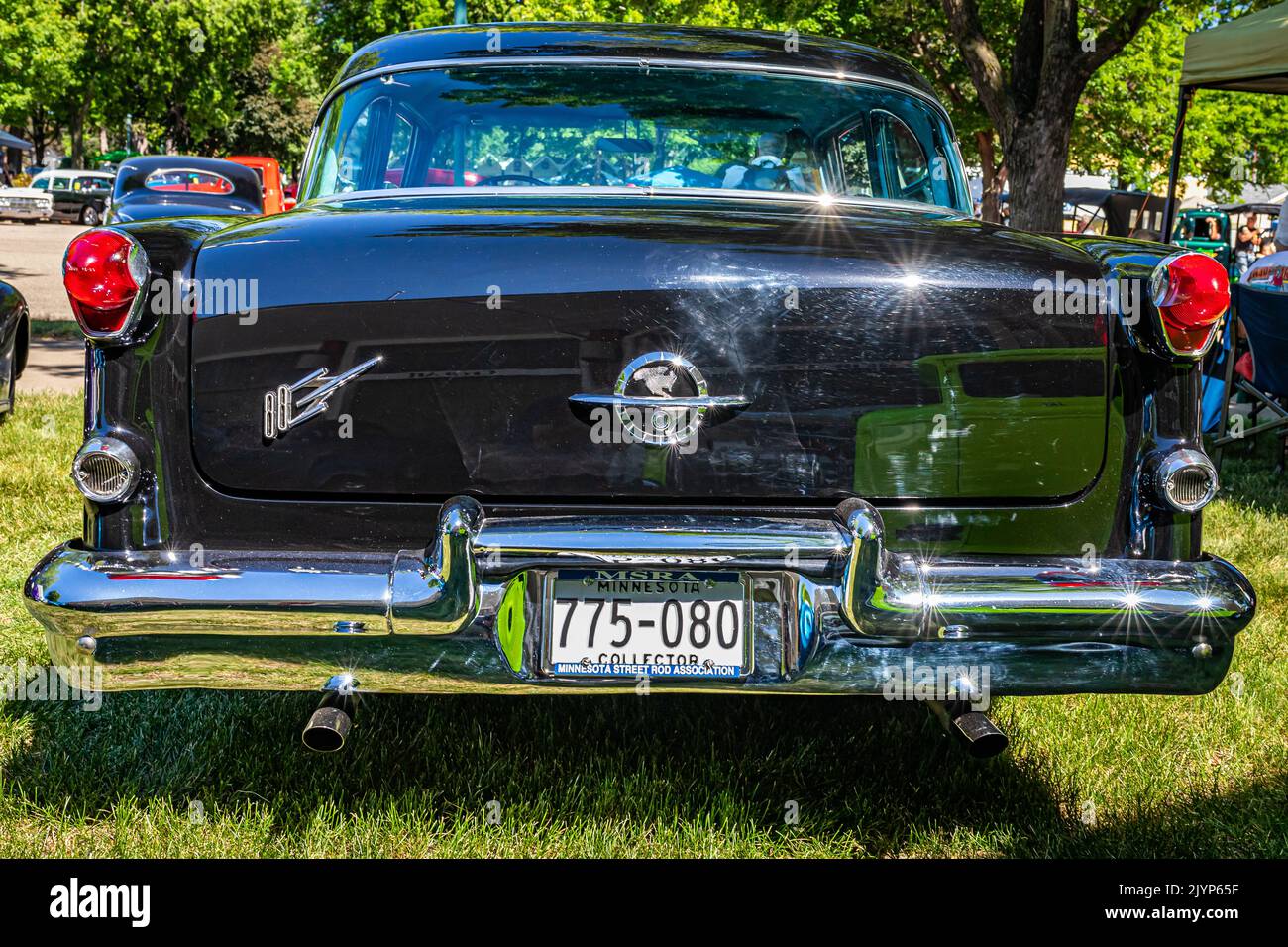 Falcon Heights, MN - June 17, 2022: Low perspective rear view of a 1955 ...