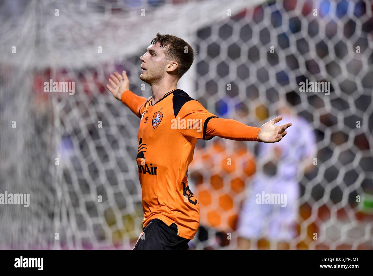 Alex Parsons of the Roar celebrates scoring a goal during the A-League ...