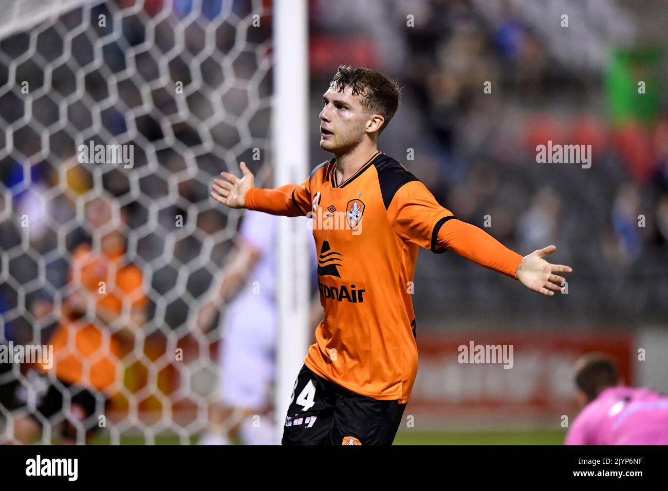 Alex Parsons of the Roar celebrates scoring a goal during the A-League ...
