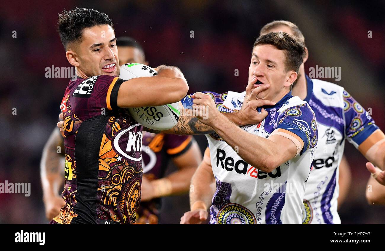 Jesse Arthars (left) of the Broncos in action during the Round 12 NRL ...