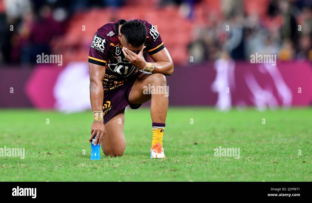 TC Robati of the Broncos reacts after losing the Round 12 NRL match ...