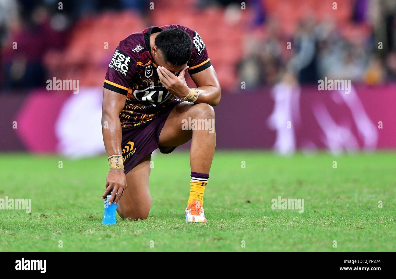 TC Robati of the Broncos reacts after losing the Round 12 NRL match ...