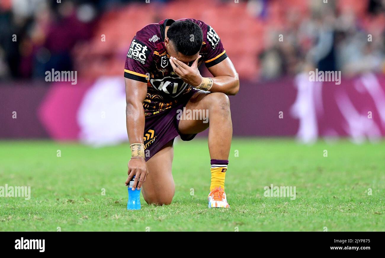 TC Robati of the Broncos reacts after losing the Round 12 NRL match ...