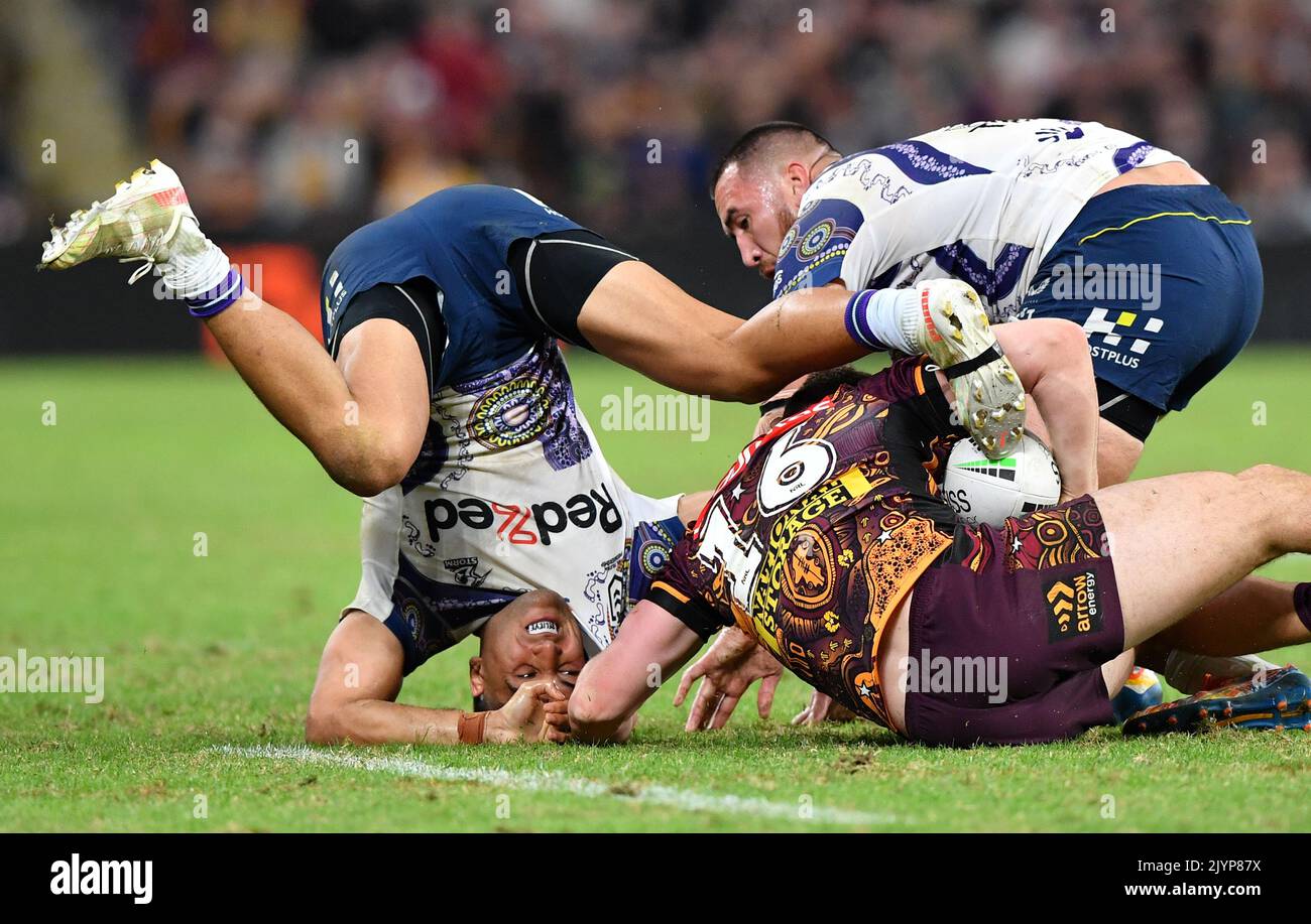 Reimis Smith (left) of the Storm is upended while tackling Ethan ...