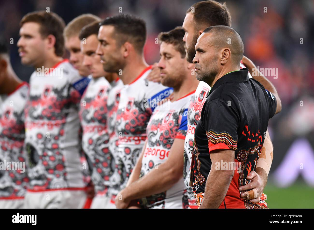 Anthony Mundine joins the Dragons on the field prior to kick off during ...