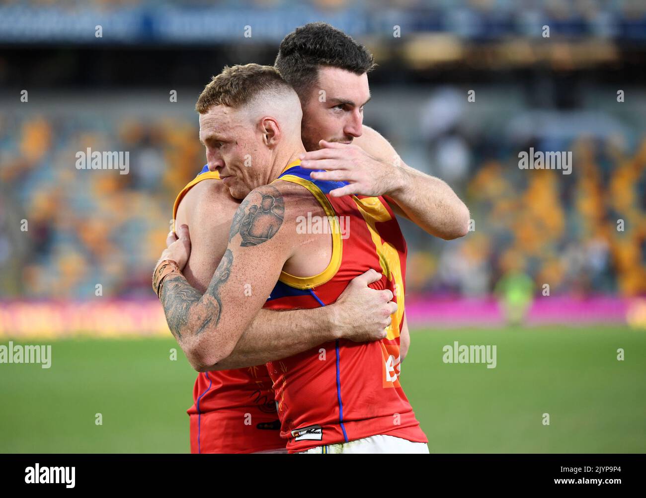 Mitch Robinson and Daniel McStay of the Lions are seen following the ...