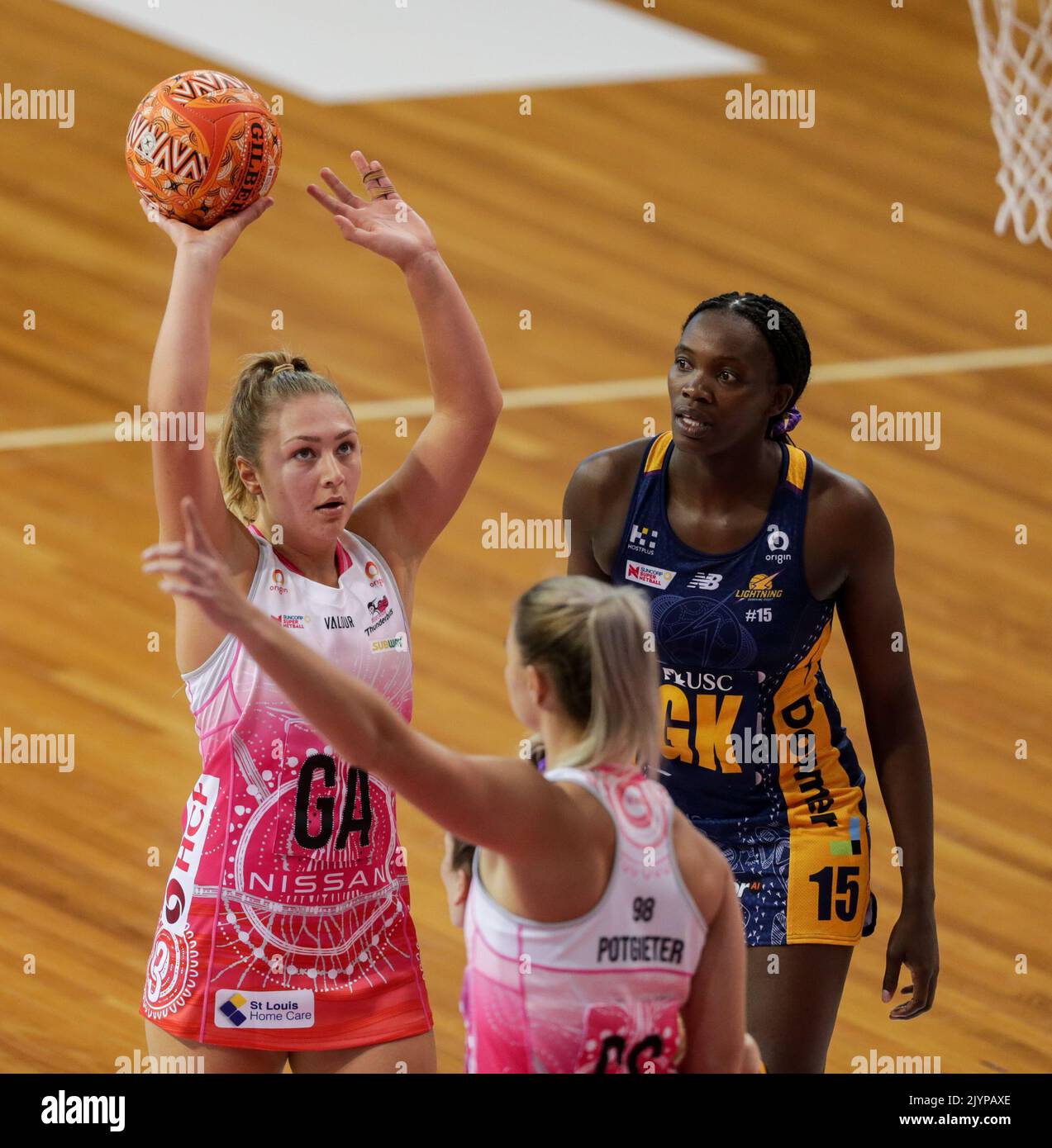 Georgie Horjus of the Thunderbirds shoots as Phumza Maweni of the ...