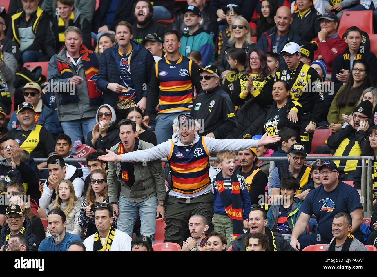 Crows supporters react during the Round 11 AFL match between the ...