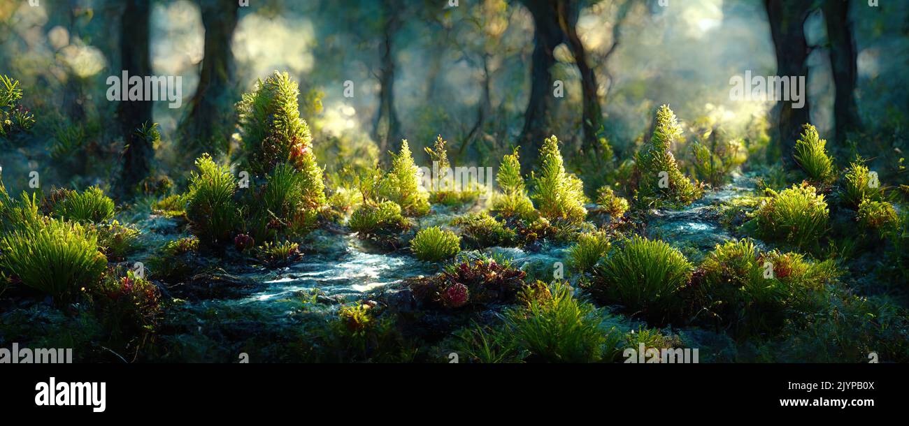 Magic fairytale forest with lake in fantasy style Stock Photo - Alamy
