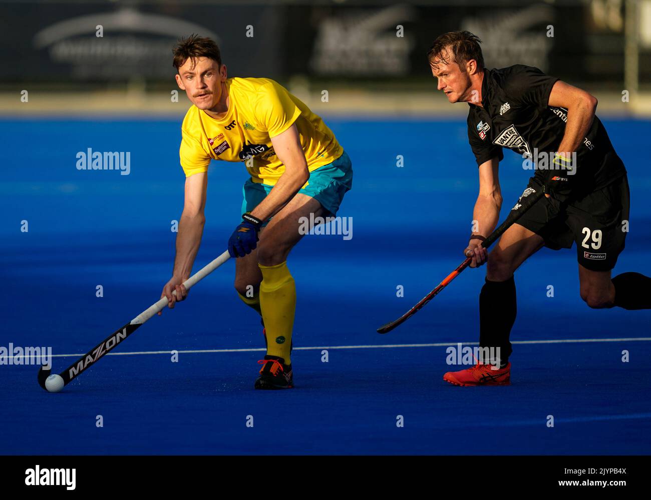 Australia’s Dylan Martin and Black Sticks’ Hugo Inglis during the Trans ...